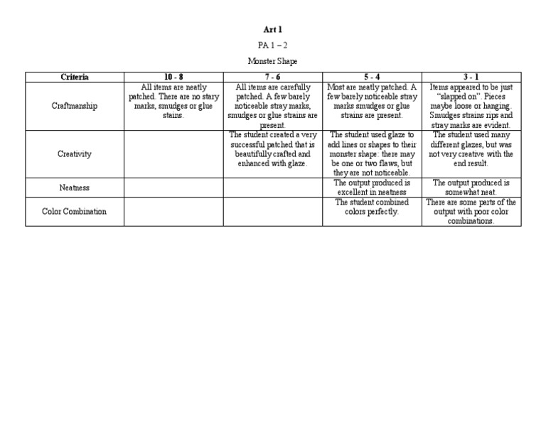 Art 1 RUBRIC PA 1 - 2 MONSTER SHAPE | PDF