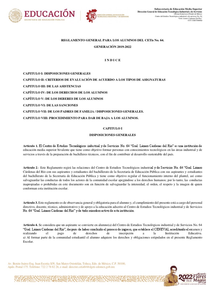 FORMATO 1. REGLAMENTO GENERAL PARA LOS ALUMNOS DEL CETis No | PDF | Evaluación | México