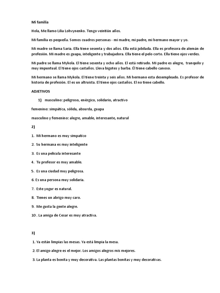 Mi Familia y Adjetivos en Español | PDF | Hogar, jardinería y bricolaje