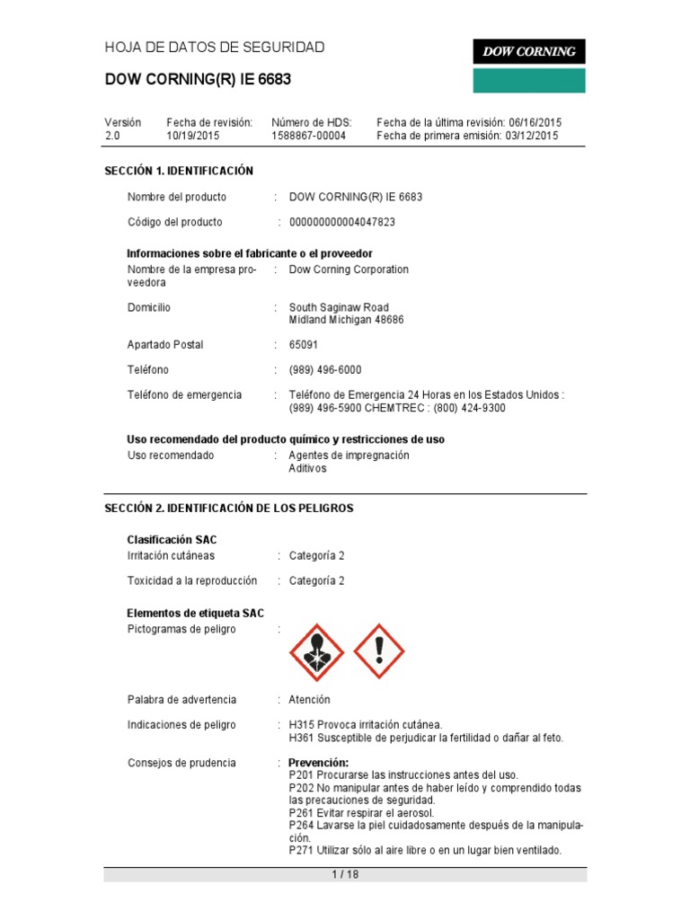 Hoja de Seguridad Dow Corning IE 6683 | PDF