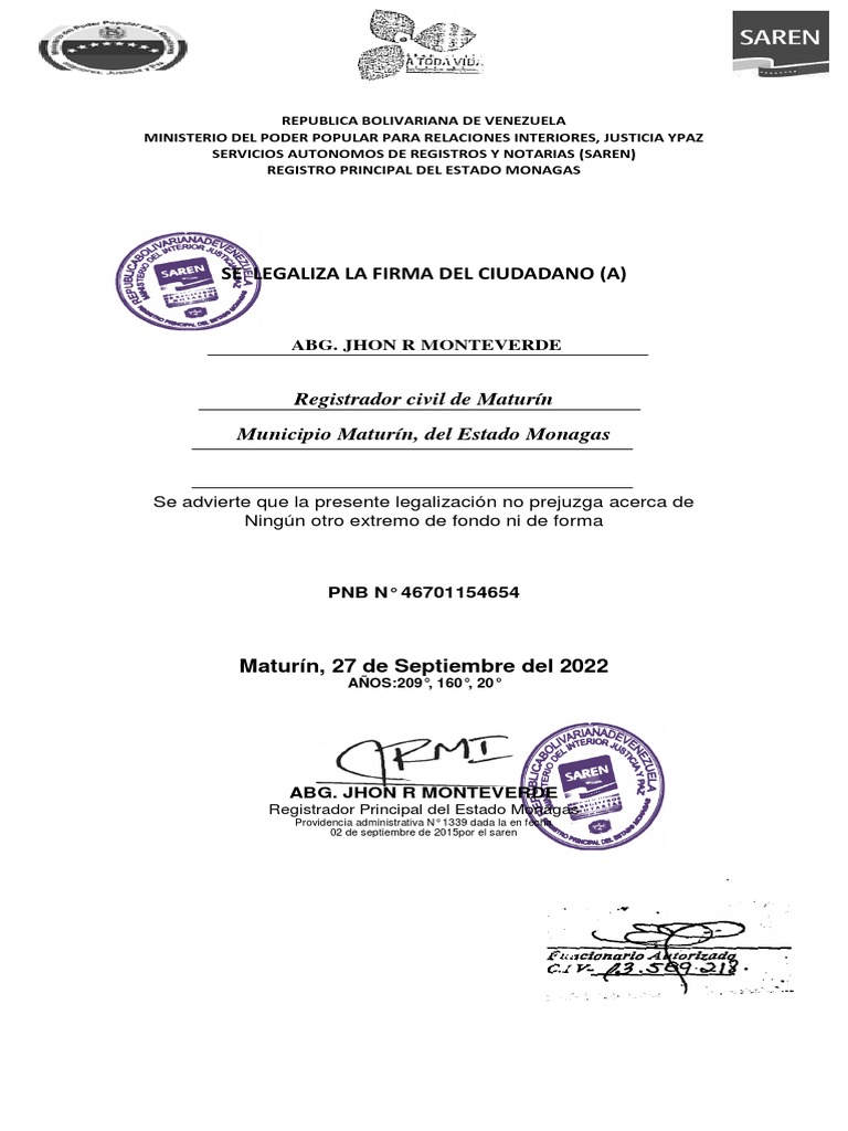 Legalización de Firma en SAREN Maturín | PDF
