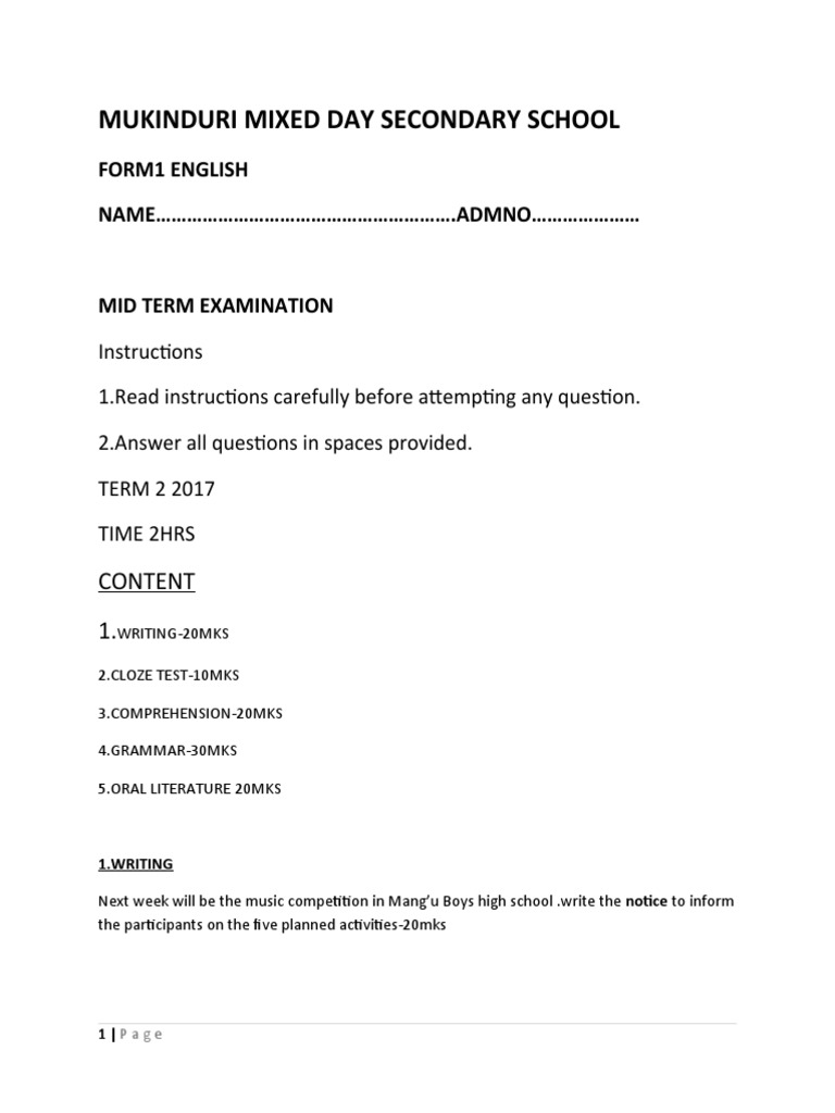 Mukinduri Mixed Day Secondary Form 1 English Mid Term Exam | PDF