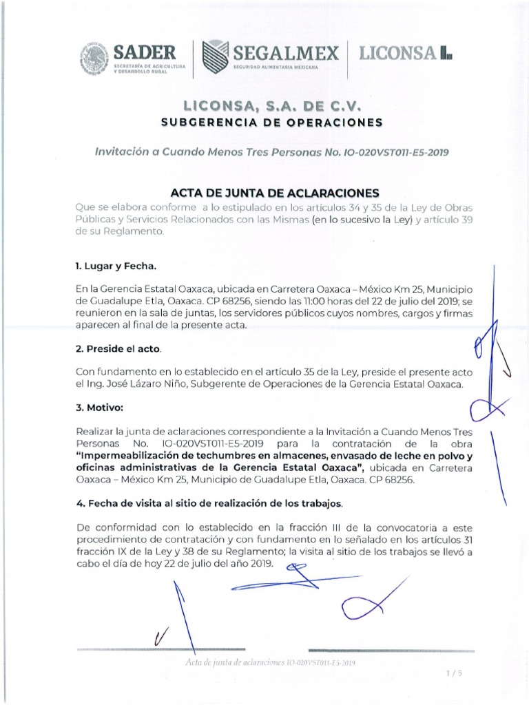 Ejemplo Acta Junta de Aclaraciones E5-2019 | PDF