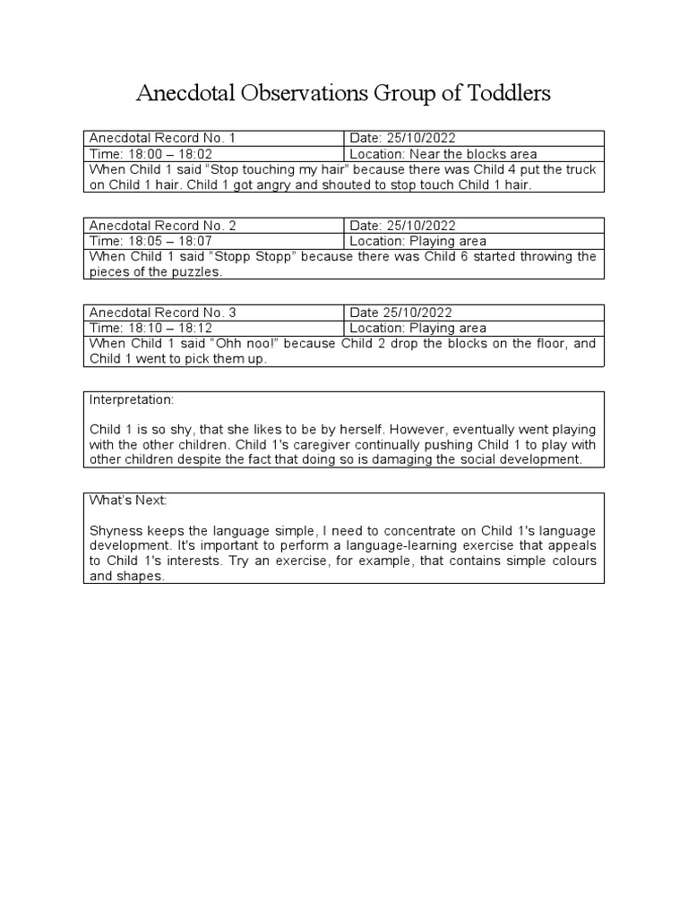 Anecdotal Observations Group of Toddlers | PDF