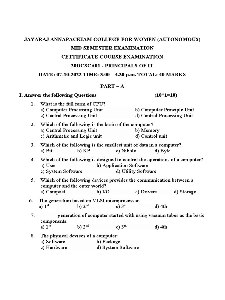 Mid Sem Ques DCA IT | Download Free PDF | Central Processing Unit | Input/Output
