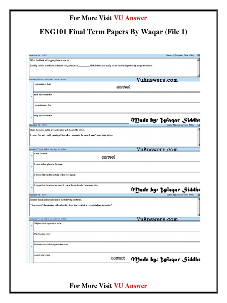 ENG101 Final Term Papers by Waqar | PDF