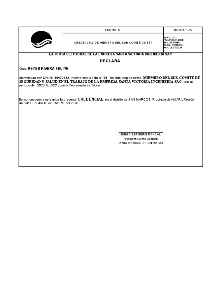 RG-015-HUA - Credenciales Del Comite de SST Ok | PDF