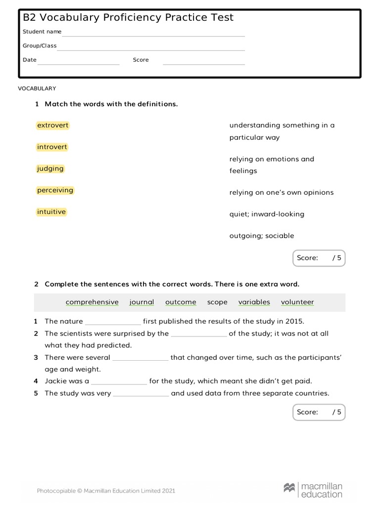 B2 Vocabulary Test for Students | PDF | Extraversion And Introversion ...