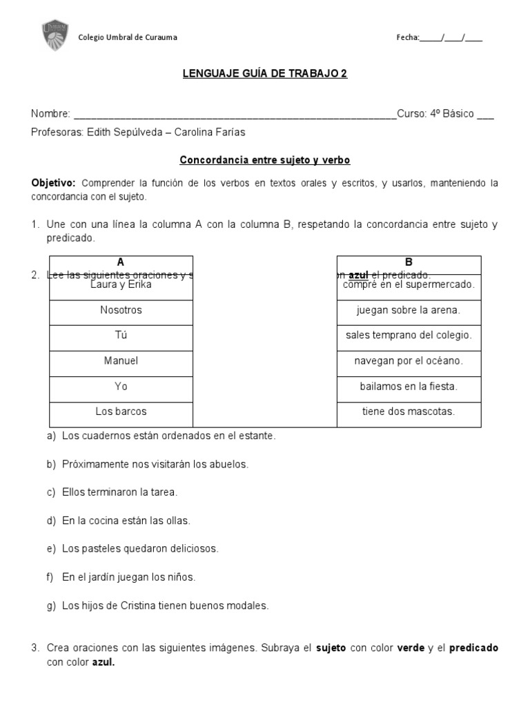 Hoja De Trabajo De Concordancia Entre Sujeto Y Verbo, Cuarto Grado