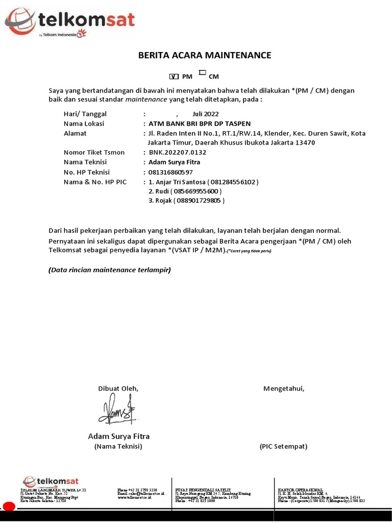 Berita Acara Maintenance BPR DP Taspen | PDF