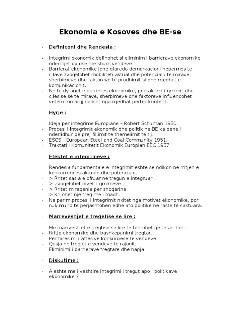 Ekonomia e Kosoves Dhe BE-Se - DR - Sc. Gazmend Qorraj | PDF