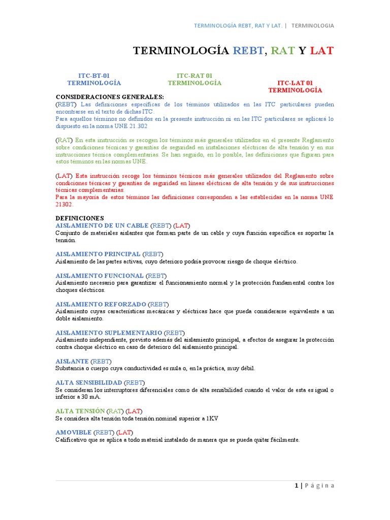 Terminologia Rebt, Rat, Lat (Completo) | PDF | Aislador (Electricidad ...
