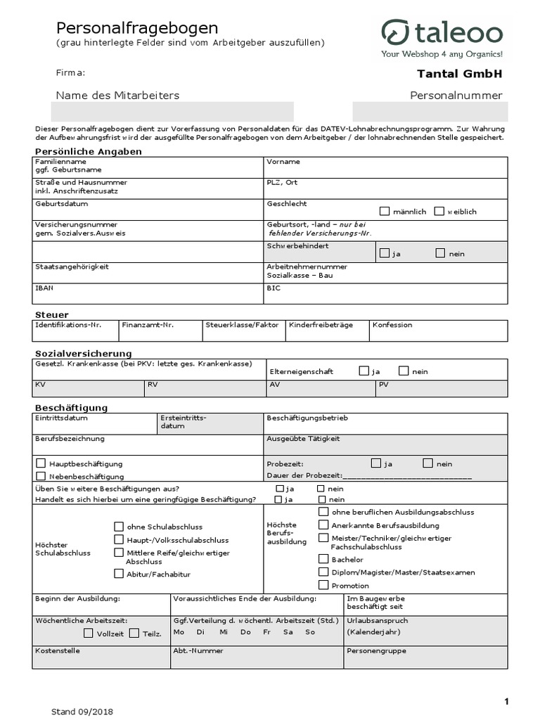 Personalfragebogen Taleoo | PDF