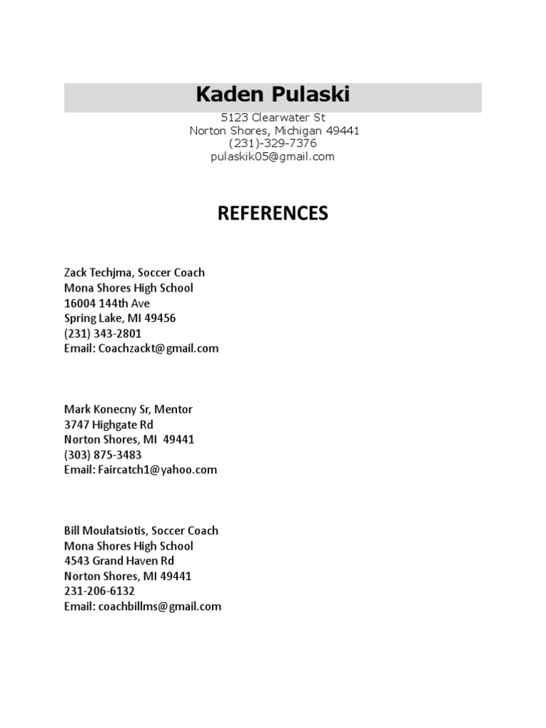 Kaden Pulaski References | PDF | Sports & Recreation