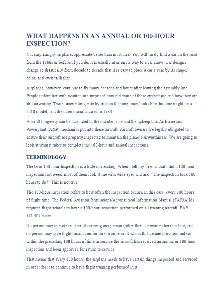 What Happens in An Annual or 100 Hour Inspection | PDF | Aircraft ...