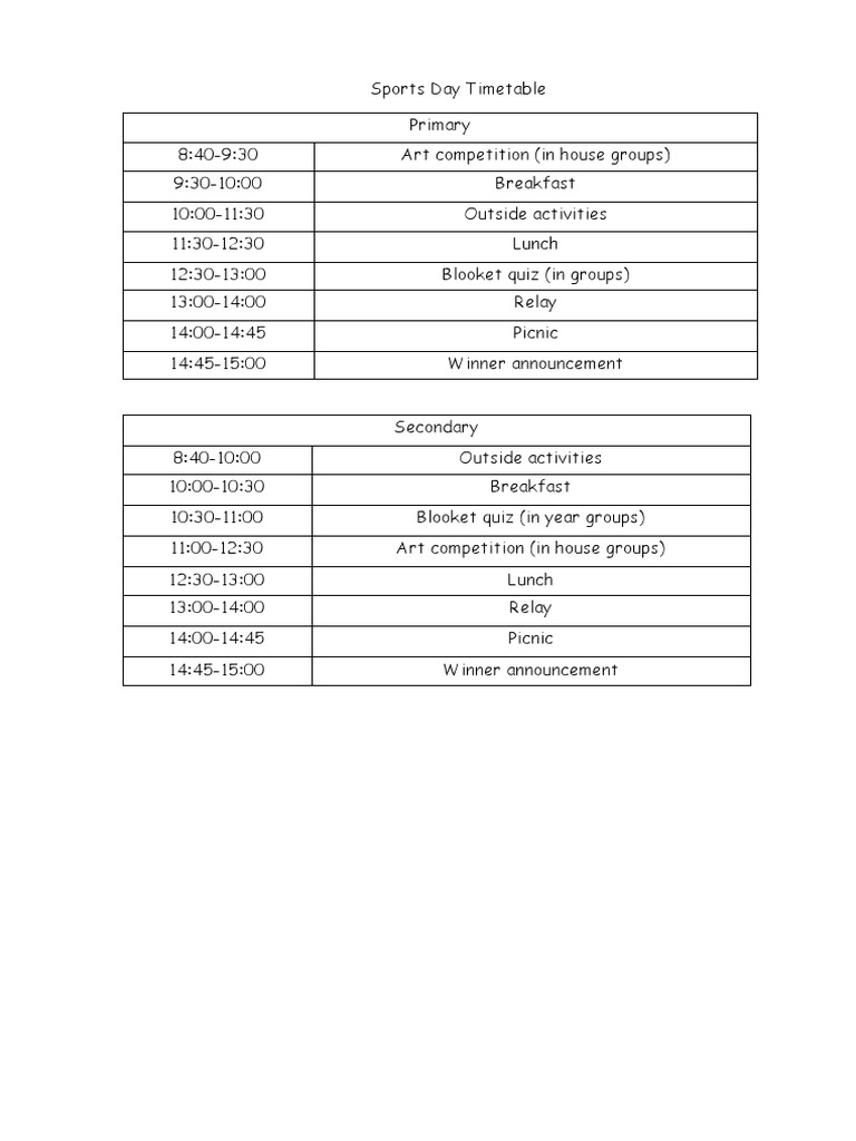Sports Day Timetable 1 | PDF