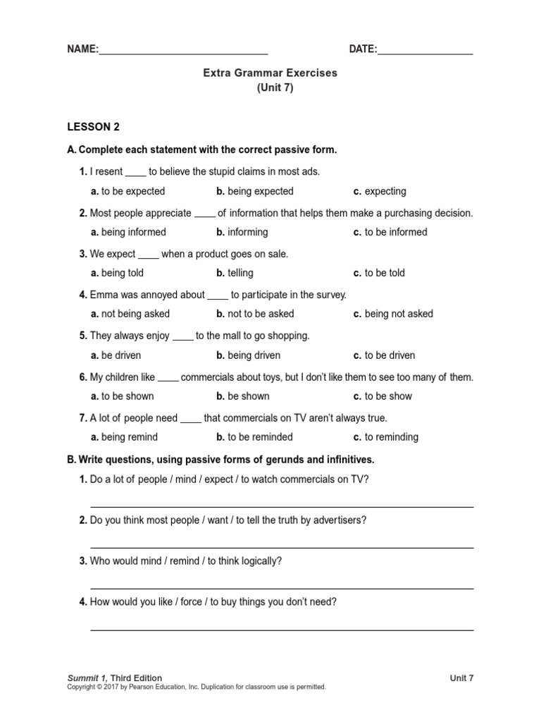 Extra Grammar Exercises Unit 7 | PDF