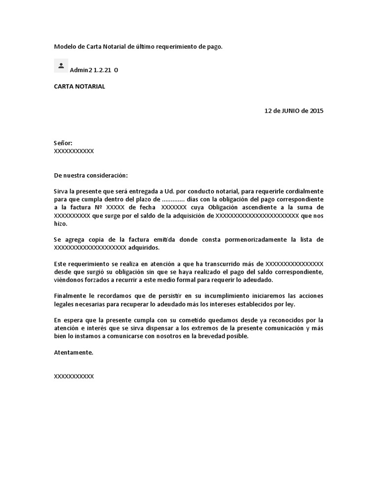 Modelo de Carta Notarial de Último Requerimiento de Pago | PDF ...