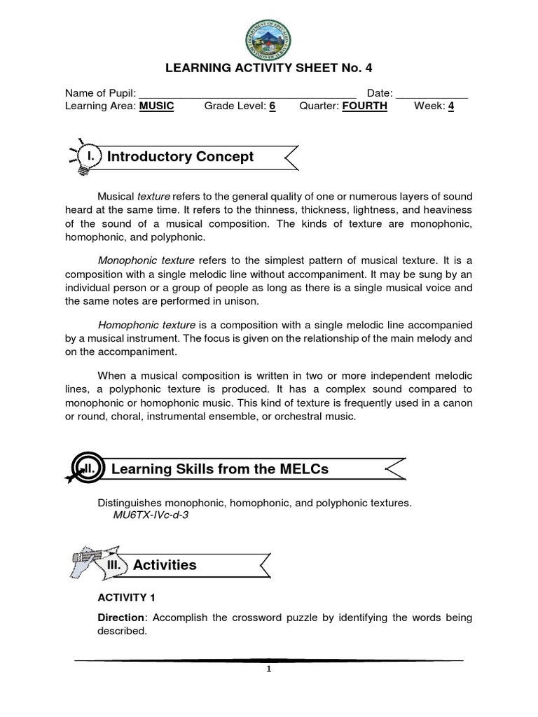 Grade 6 Music Texture and Chords Worksheets | PDF | Chord (Music ...