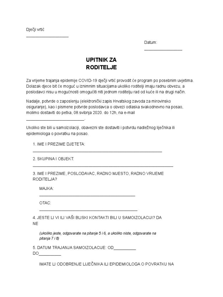 Upitnik Za Roditelje-Covid | PDF