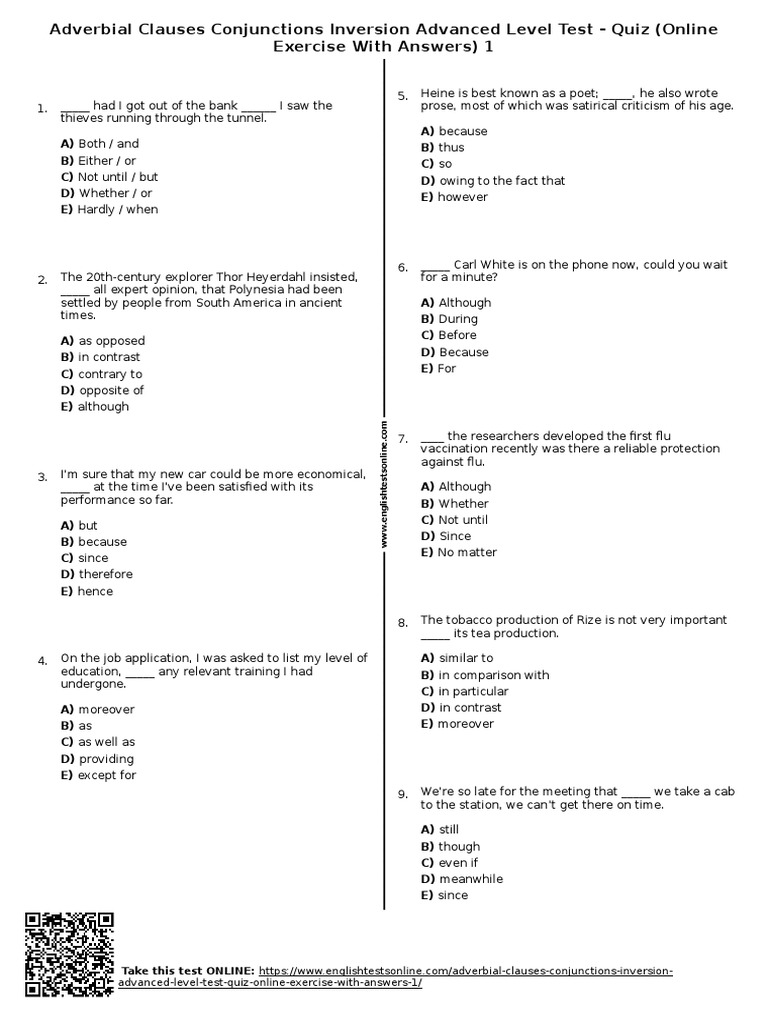 353 - Adverbial Clauses Conjunctions Inversion Advanced Level Test Quiz ...