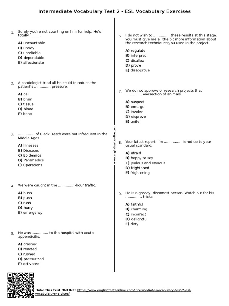 Intermediate Vocabulary Test with Answers | PDF | Young Adult