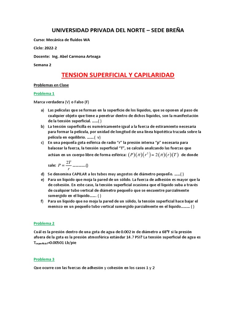 Capilaridad MF WA - Sin Resolver | PDF | Tensión superficial | Presión