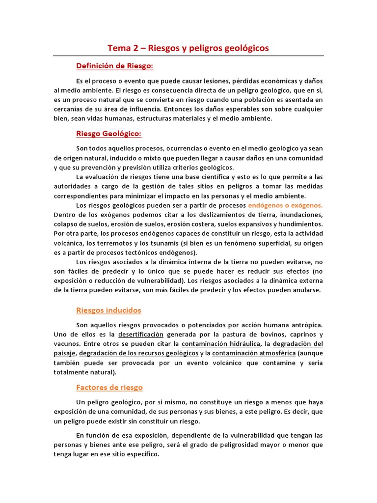 Resumen Tema 2 - Riesgo y Peligro Geologico | PDF | Riesgo | Inundar