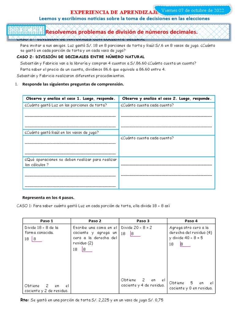 D5 A1 FICHA MAT - Resolvemos Problemas de División de Números Decimales ...