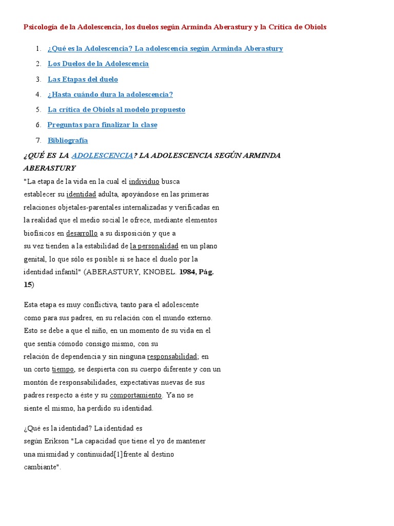 Psicología de La Adolescencia, Los Duelos Según Arminda Aberastury y La ...