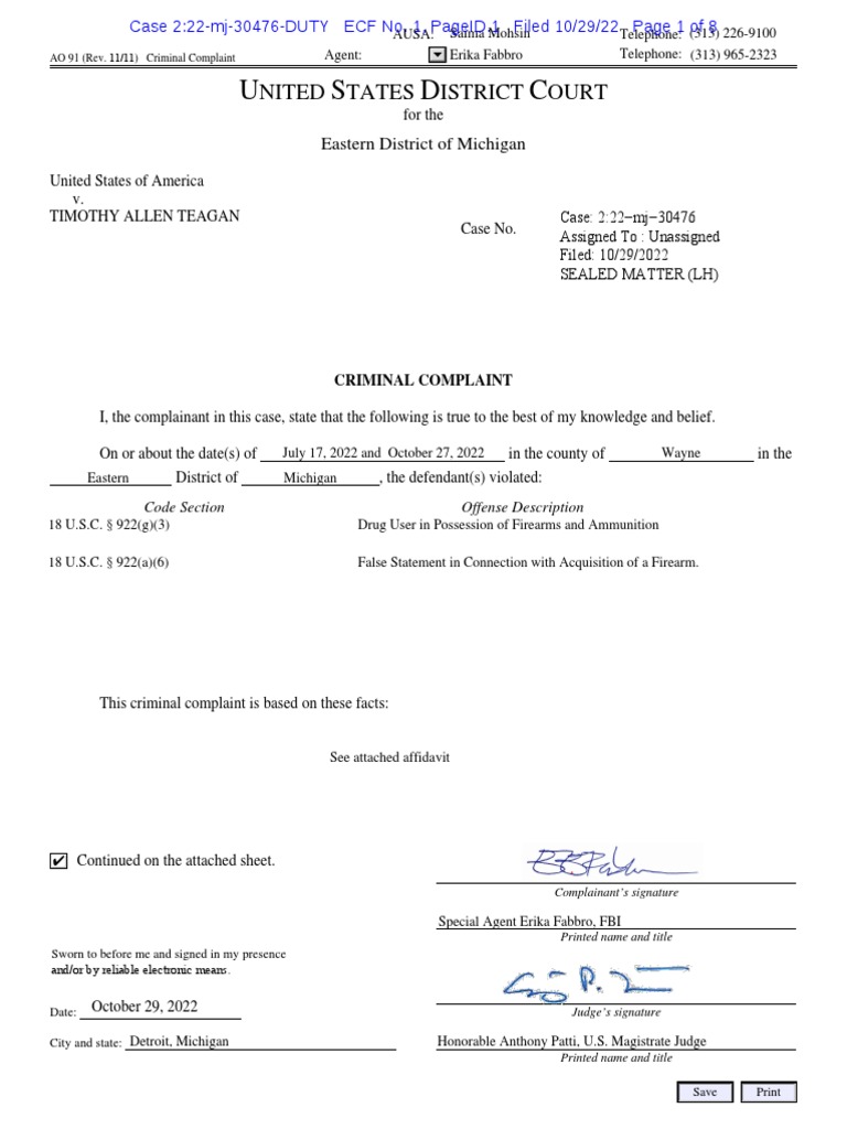 USA V TEAGAN - Complaint and Affidavit - 10-29-22 | Download Free PDF ...