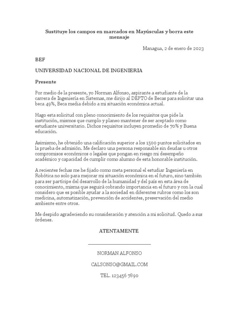 Formato Carta para Solicitud de Beca Universitaria | PDF | Crecimiento personal y profesional