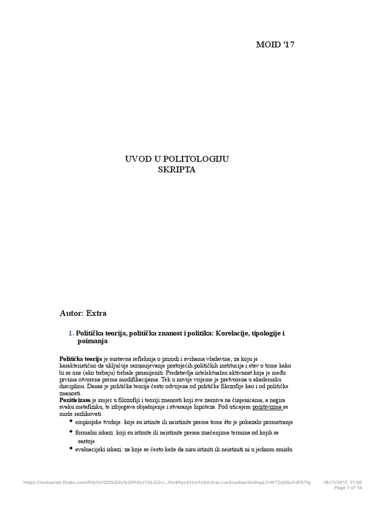 Uvod U Politologiju Skripta | PDF