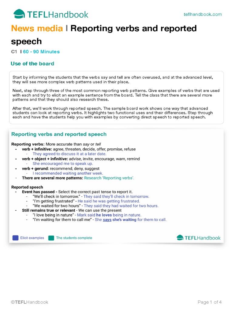 C1 20 Reporting Verbs Reported Speech News | PDF