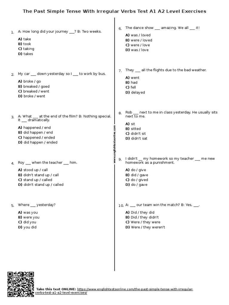 Past Simple Irregular Verbs Test A1-A2 | PDF | Linguistic Typology ...