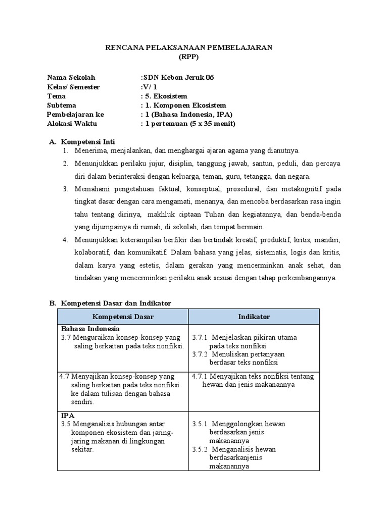 RPP Tema 5 Sub1 (IPA, B.Indo) KLS 5 | PDF