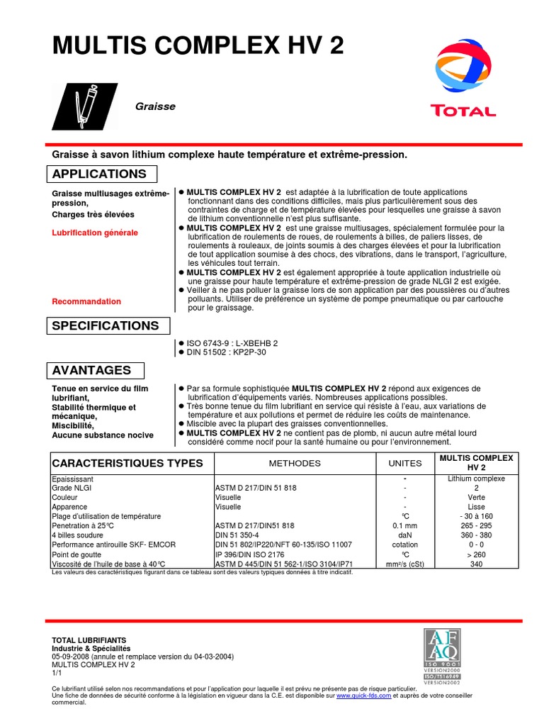 Graisse MULTIS COMPLEX HV 2 | PDF | Matériaux | Ingénierie mécanique
