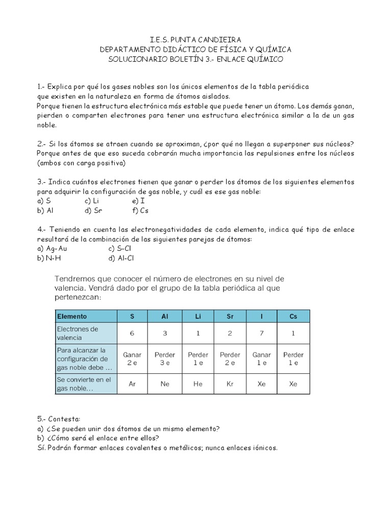 Solucionario Boletã N 3. - Enlace Quã Mico | PDF | Enlace covalente ...