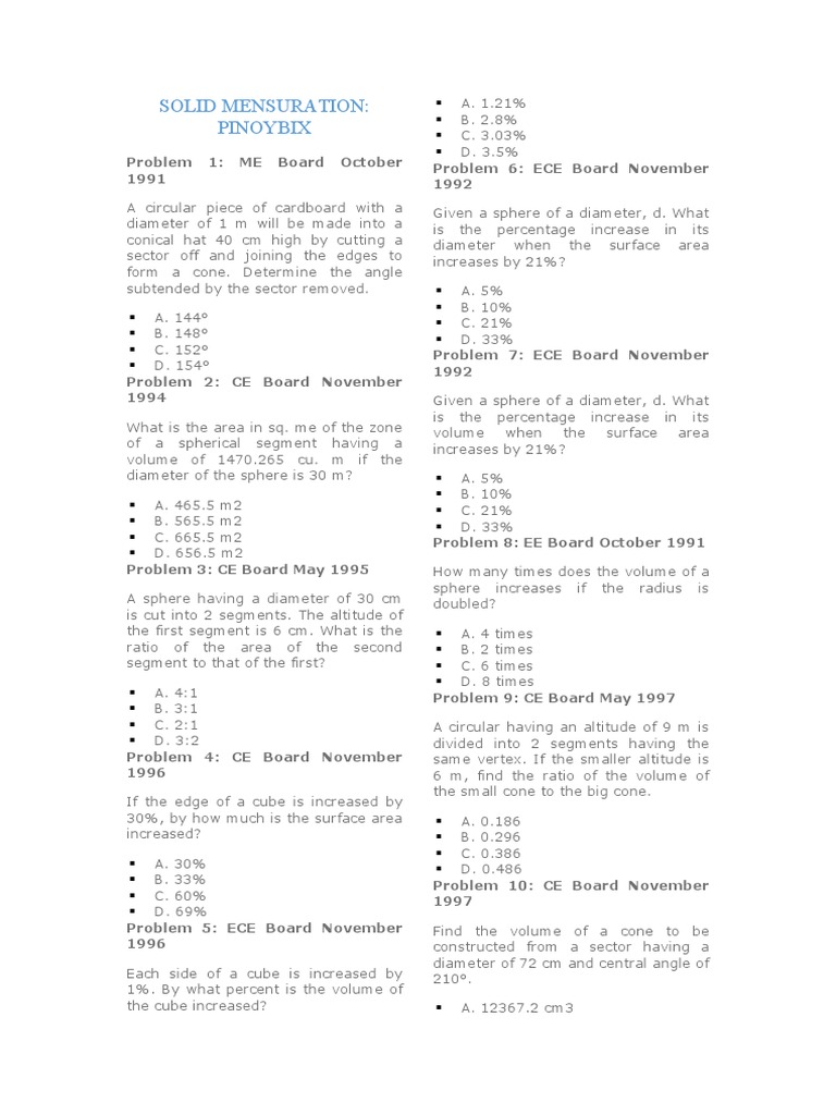 Solid Mensuration Problems and Solutions: Geometric Shapes, Volumes, Areas, and Ratios | PDF ...