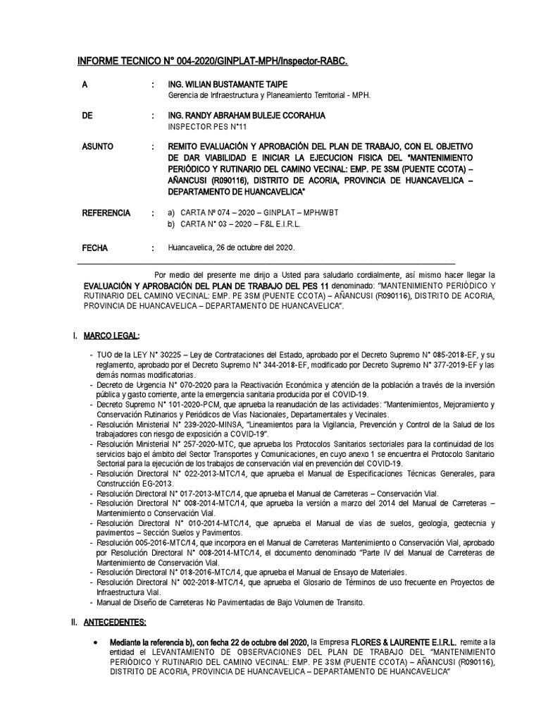 Informe 004 - Aprobación Plan Trabajo PES 11 X Inspector RABC | PDF | Presupuesto | La carretera