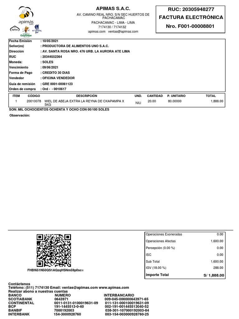 Apimas S.A.C.: RUC: 20305948277 Factura Electrónica Nro. F001-00008801 ...