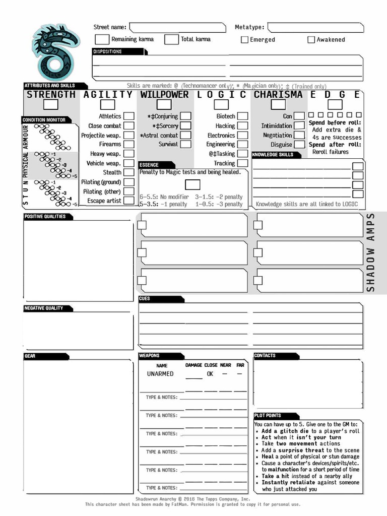 SRA Char Sheet Form Fillable | PDF