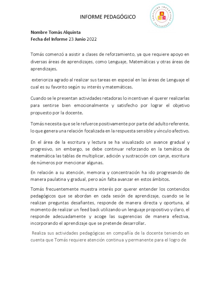 Informe Tomás | PDF | Aprendizaje | Maestros