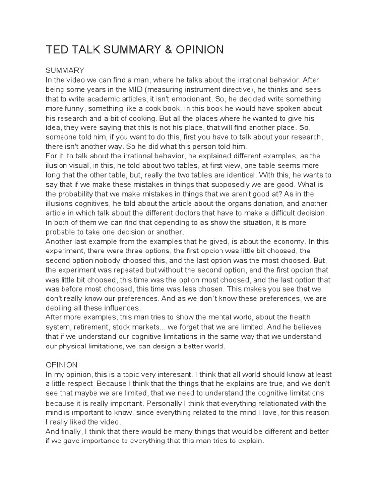 Ted Talk Summary - Opinion | PDF | Mind | Cognitive Psychology