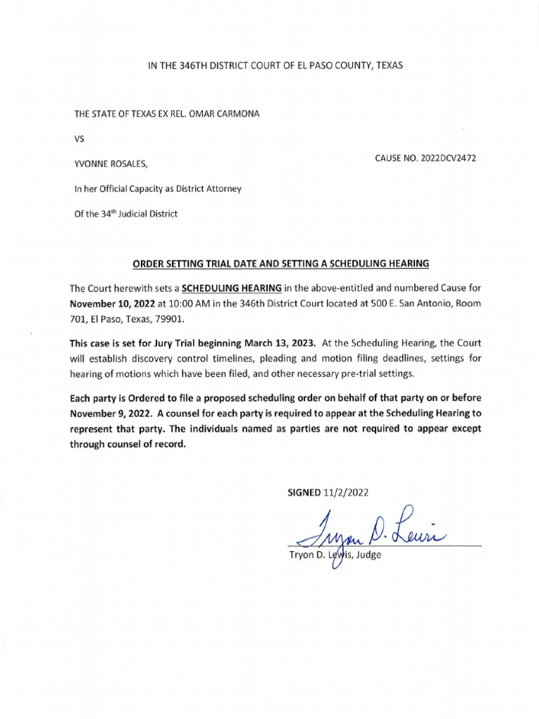 Order Setting Trial Date & Scheduling Hearing | PDF