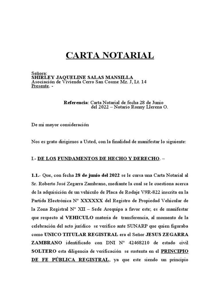 Carta Notarial - Roberto Zegarra | PDF | Propiedad | Justicia
