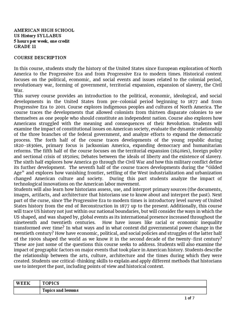 US History Syllabus for Grade 11 | PDF | The United States ...