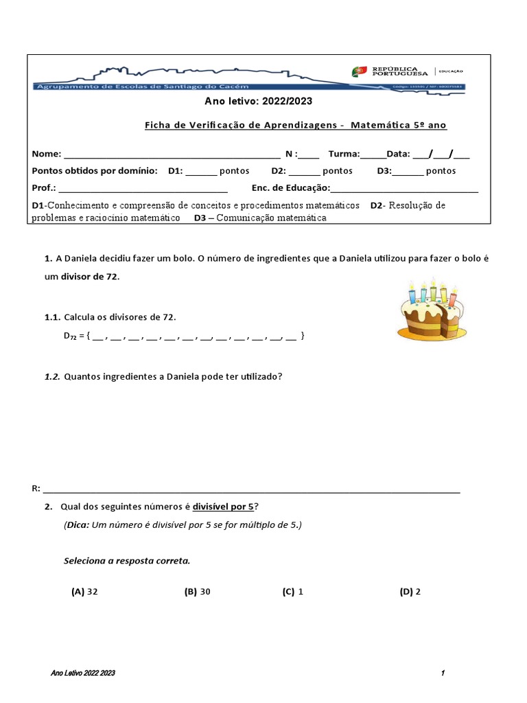 Ficha de Verificação de Aprendizagens de Matemática do 5o Ano ...