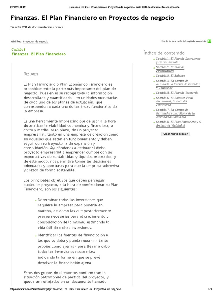 Finanzas. El Plan Financiero en Proyect... Io - Wiki EOI de ...