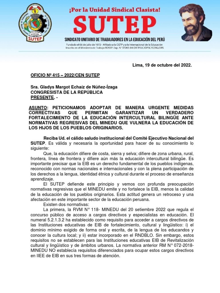 Oficio 415 - 2022 Sutep A Gechaiz | PDF | Multilingüismo